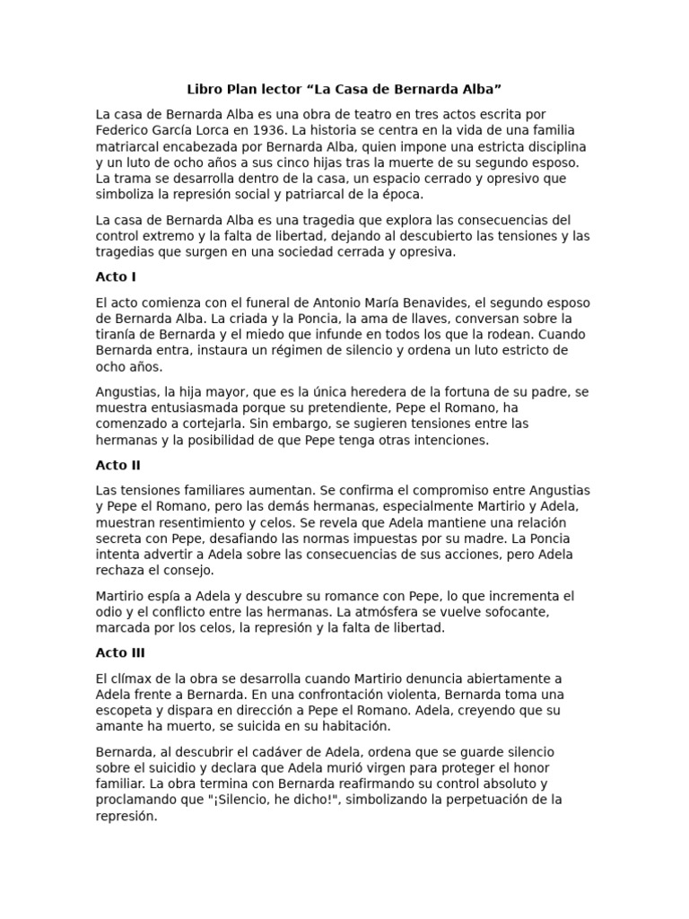 Libro La Casa de Bernarda Alba Plan Lector | PDF