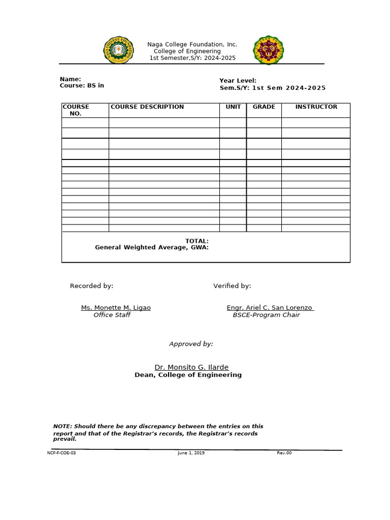Gwa Form For Bsce | PDF