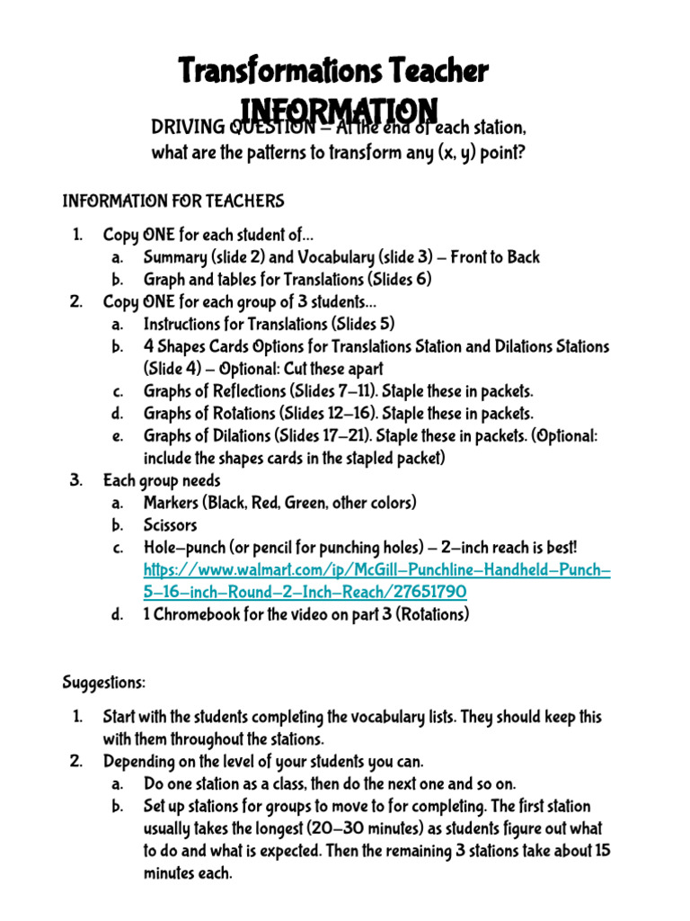 Transformations Stations - Teacher Eric Funke | PDF | Shape | Cartesian ...