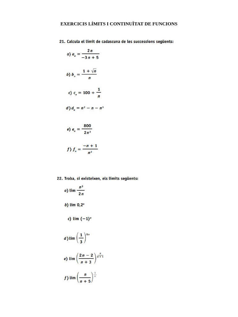 Exercicis Limits I Continuitat de Funcions | PDF