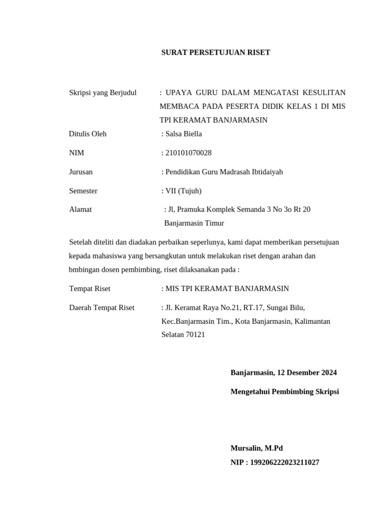 Surat Persetujuan Riset-Salsa Biella | PDF