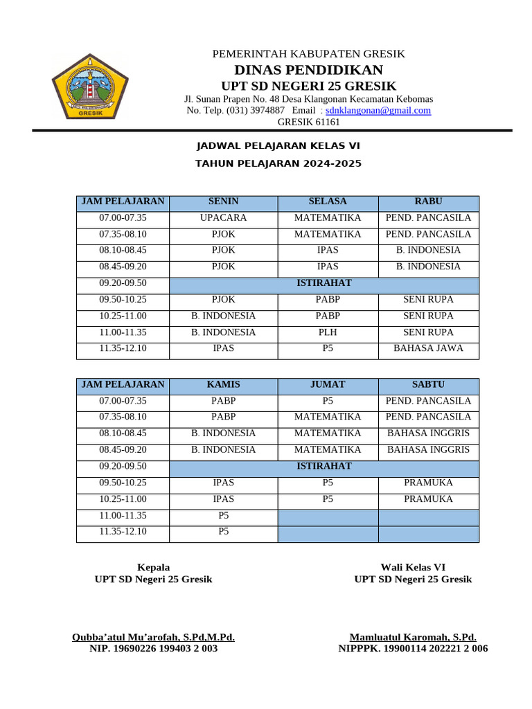 Jadwal Pelajaran Kelas VI 2024-2025 | PDF
