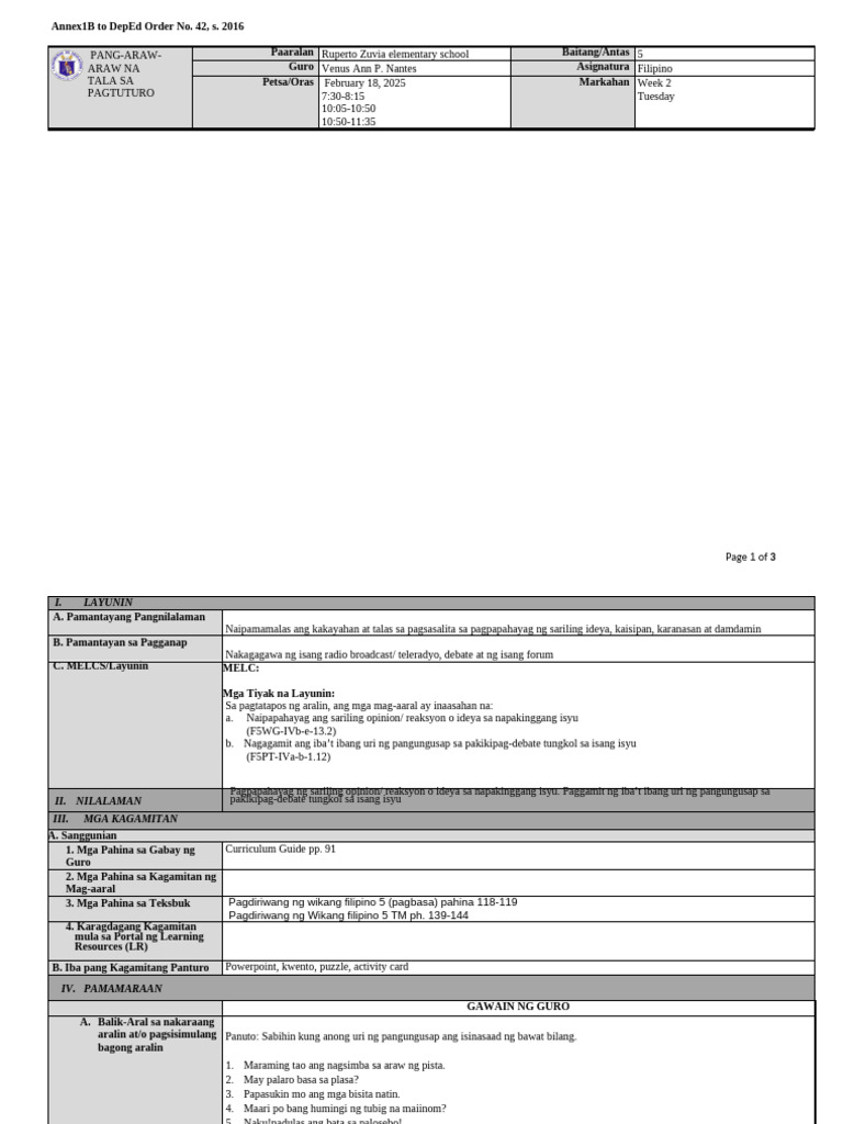 FILIPINO 5 Q4-Semi TUESDAY WEEK 2 | PDF