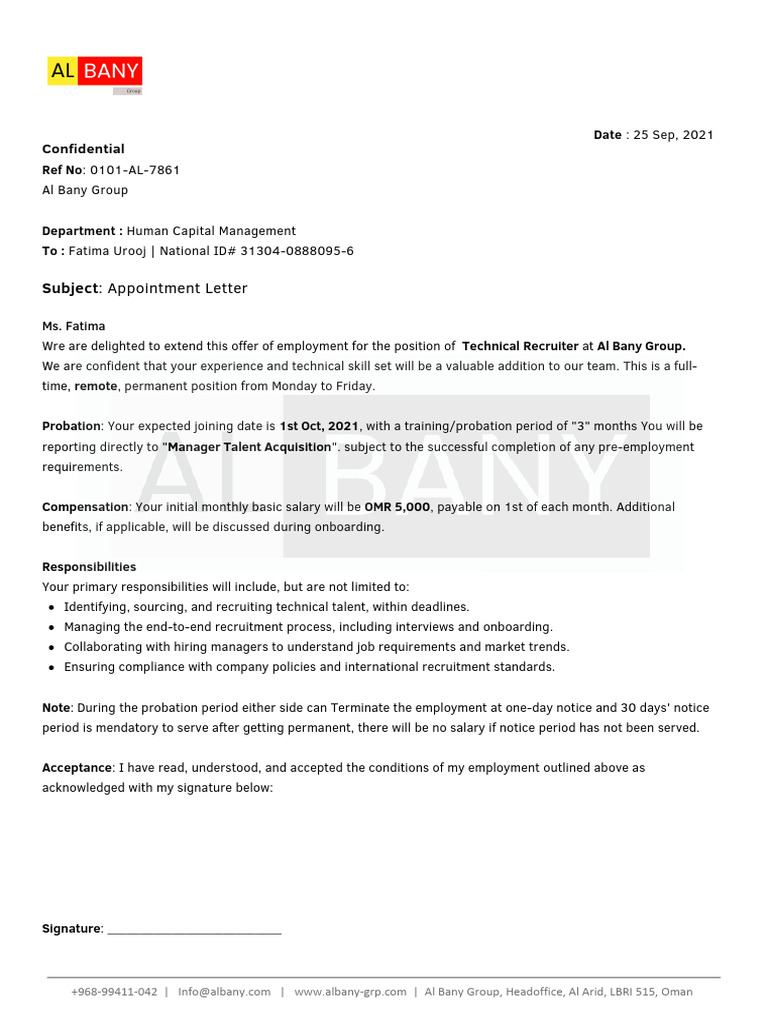 Technical Recruiter Job Offer Letter | PDF