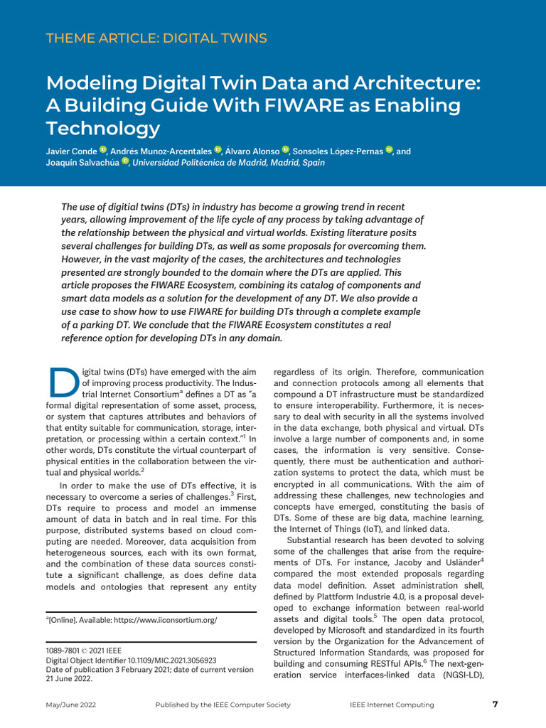 Modeling Digital Twin Data and Architecture a Building Guide With FIWARE as Enabling Technology ...