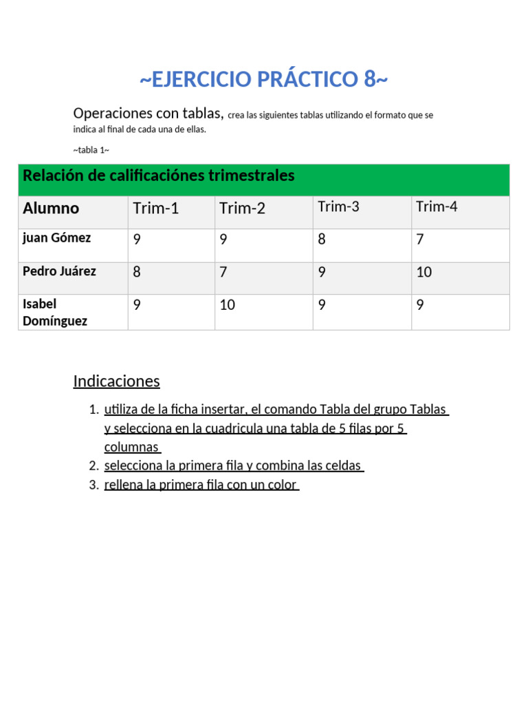 Operaciones con Tablas: Ejercicio 8 | PDF