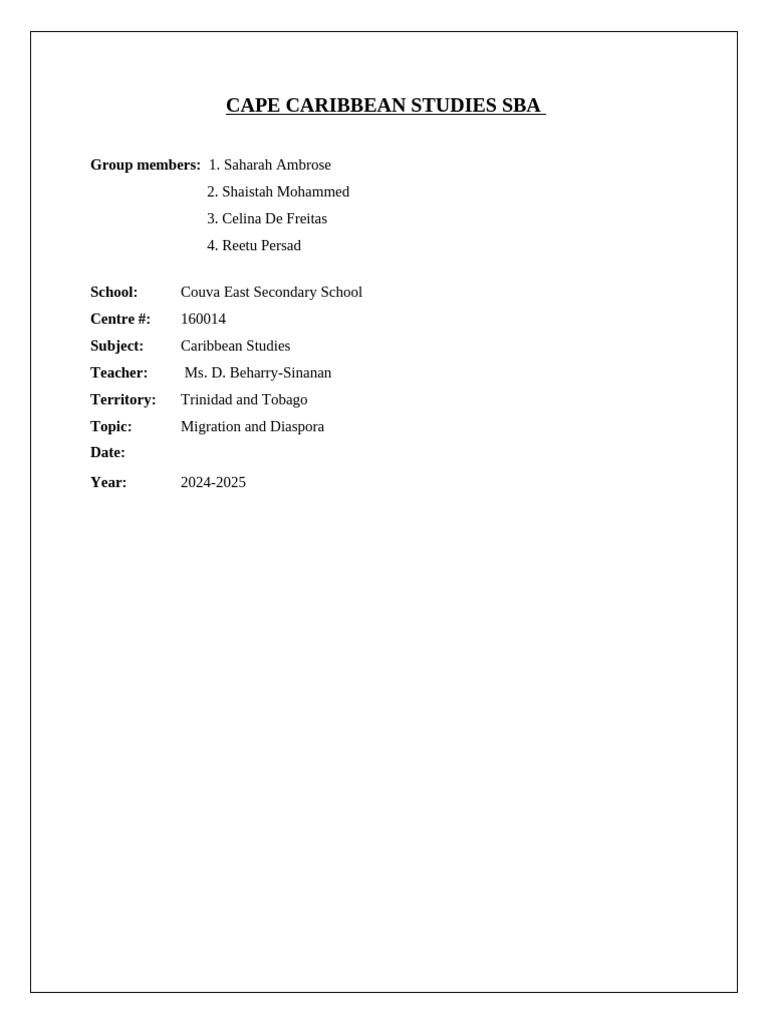 Caribbean Studies SBA | PDF | Human Migration | Immigration