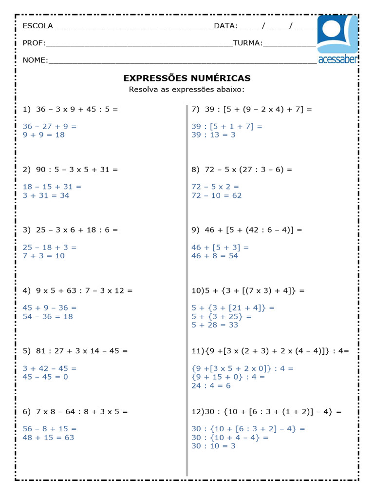 Atividade de Matematica Expressoes Numericas 5 Ano e 6 Ano Respostas | PDF