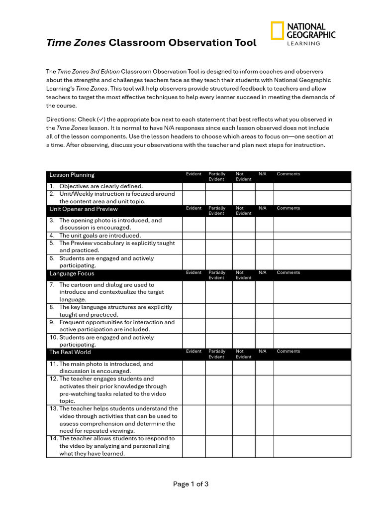 Time Zones Classroom Observation Tool | PDF | Reading Comprehension ...