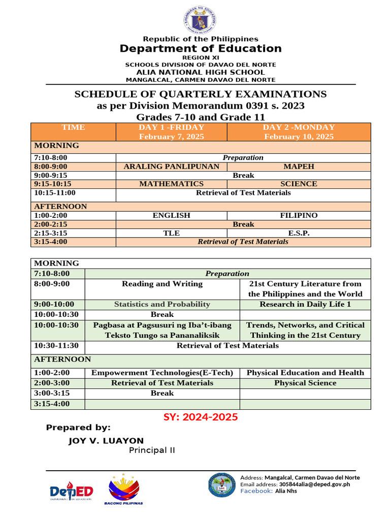 EXAM SCHEDULE ALIA NHS 2024 2025 2nd Sem | PDF | Philippines
