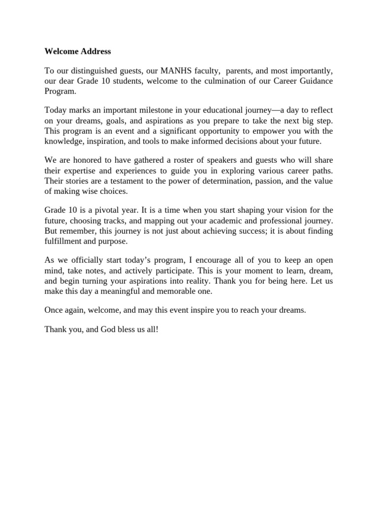 Career Guidance Program Welcome Address | PDF