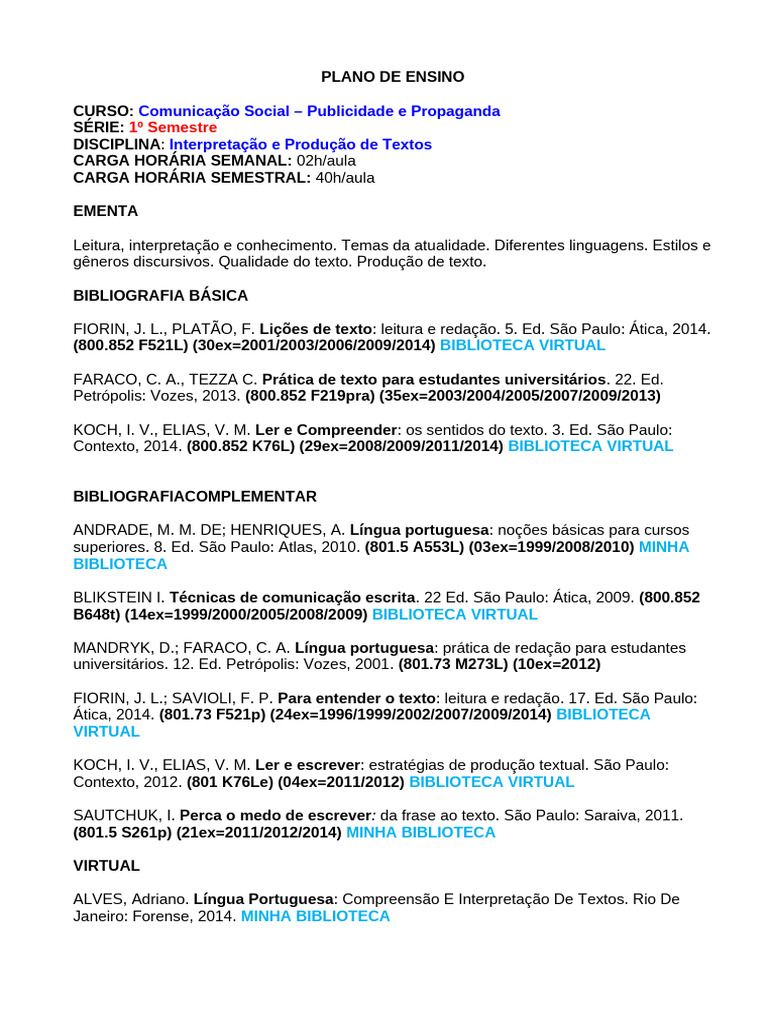 Plano De Ensino Publicidade E Propaganda Pdf Marketing Comunicação
