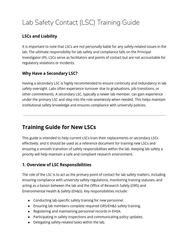 Lab Safety Contact (LSC) Training Guide | PDF | Regulatory Compliance ...