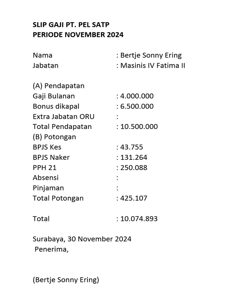 Slip Gaji Pt. Pel Satp | PDF