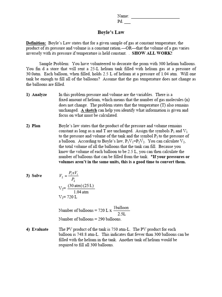 Boyles Law WS | PDF | Gases | Pressure