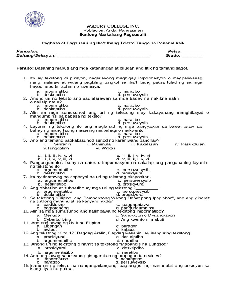 Ikatlong Markahang Pagsusulit Sa Pagbasa | PDF
