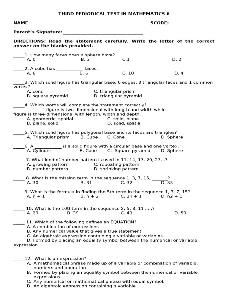 3rd Quarter Mathematics 6 & TOS | PDF | Geometry | Euclidean Geometry