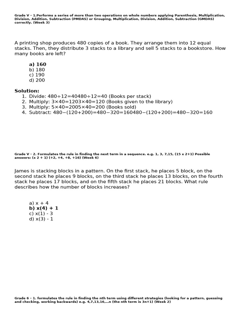 Grade V & VI Math Operations and Patterns | PDF