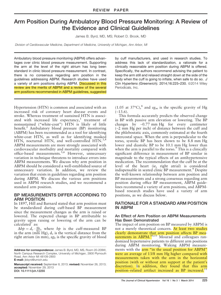 Arm Position During Ambulatory Blood Pressure Monitoring A Review of ...