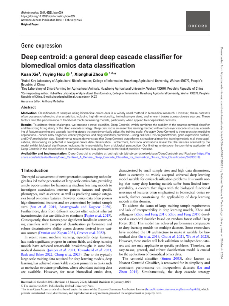 Deep Centroid A General Deep Cascade Classifier For Biomedical Omics Data Classification Pdf