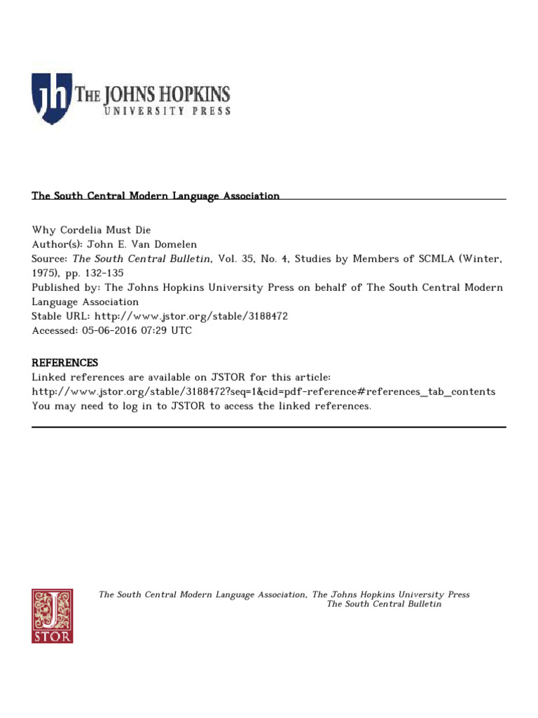 John E. Van Domelen - Studies by Members of SCMLA - Why Cordelia Must Die | PDF | King Lear