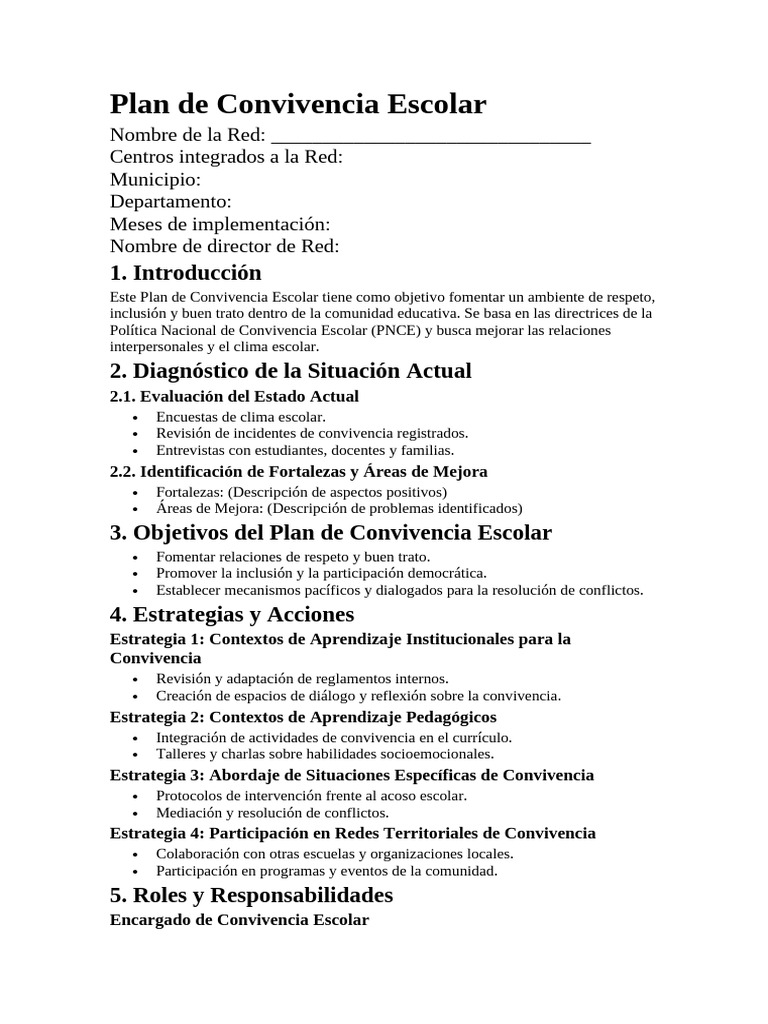 Plan de Convivencia Escolar FORMATO | PDF | Inclusión (Educación) | Plan de estudios