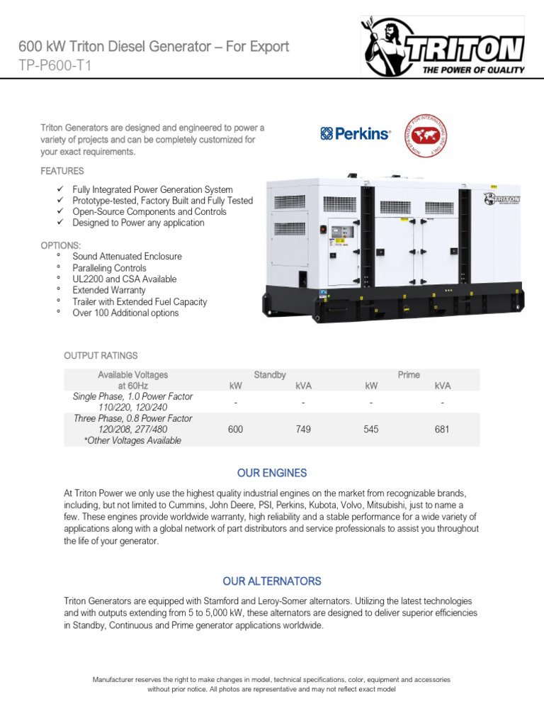 600 KW Triton Diesel Generator - For Export - TP p600 t1 | PDF ...
