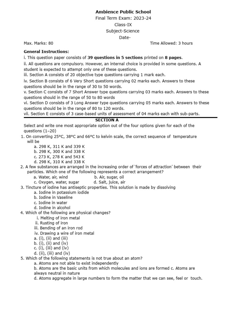 Class IX Science Exam Guide | PDF | Chemical Elements | Atoms