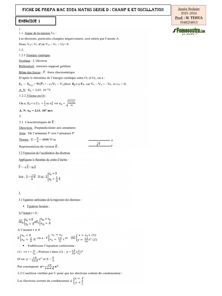 Fiche de Prepa Bac 2024 Maths Serie D Champ e Et Oscillation Corrigé | PDF