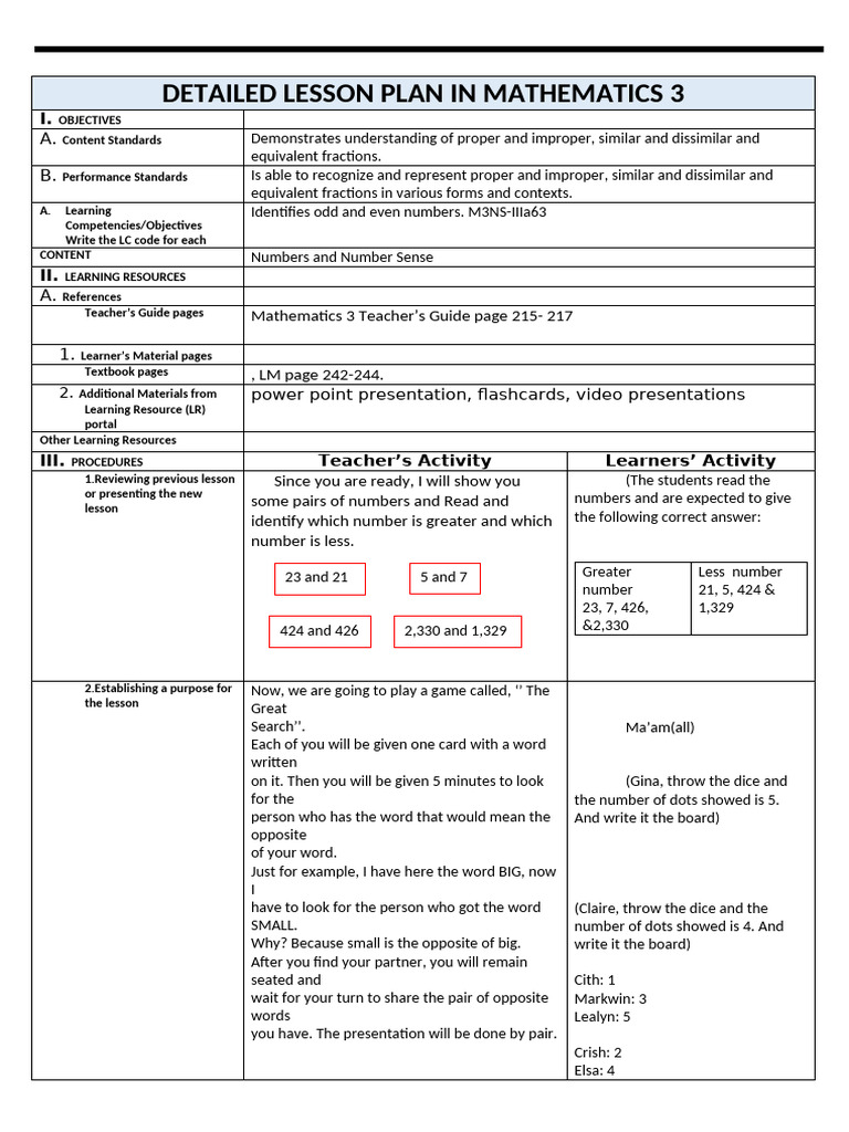 Odd and Even Detailed Lesson Plan | PDF | Lesson Plan | Teaching