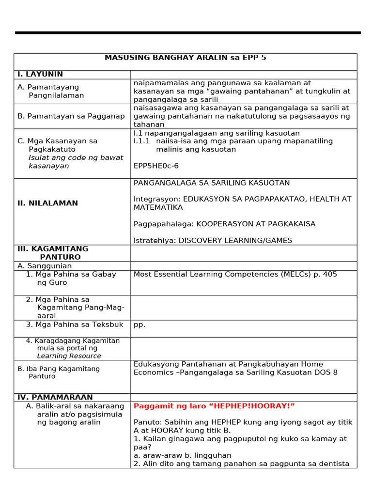 Pangangalaga Sa Sariling Kasuotan Lesson Plan 5 | PDF