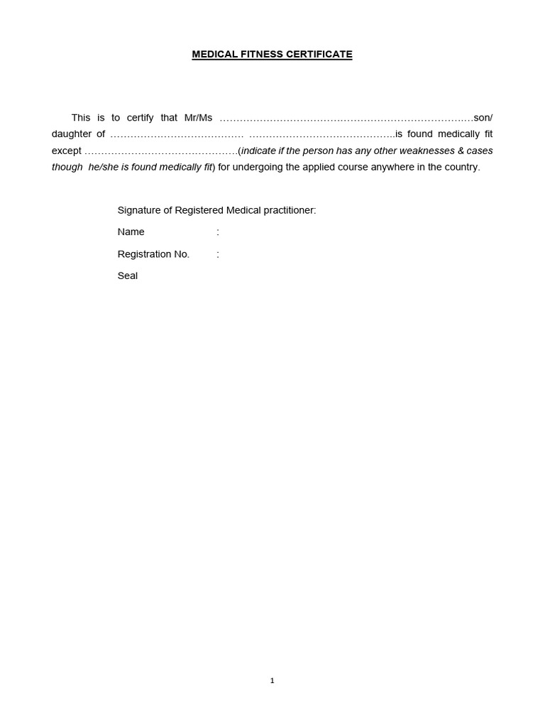 Medical Fitness Certificate | PDF