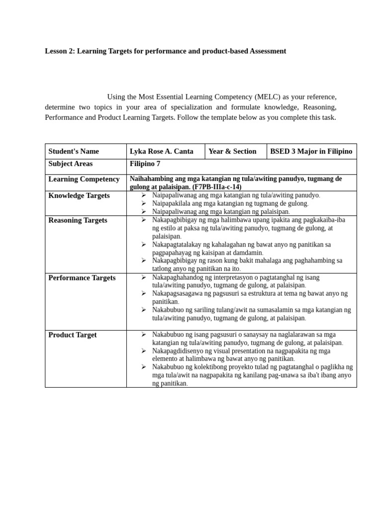 Lesson 2: Learning Targets For Performance and Product-Based Assessment ...