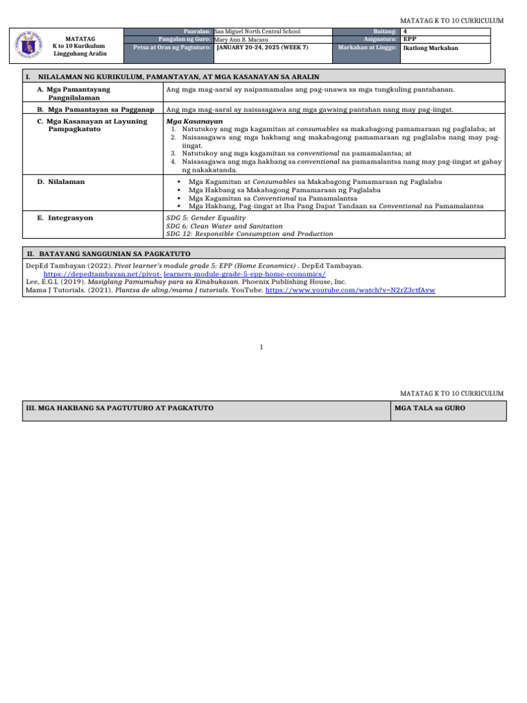 DLL Matatag - Epp 4 Q3 W7 | PDF