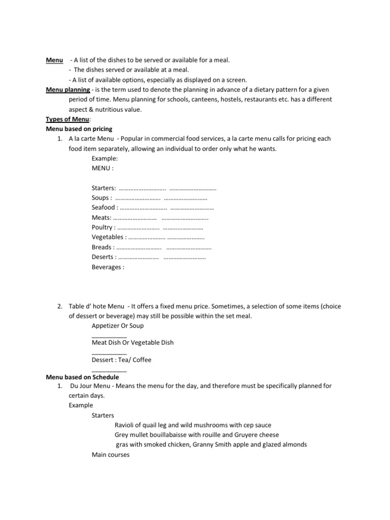 Food and Beverage Service Procedure | Meal | Menu