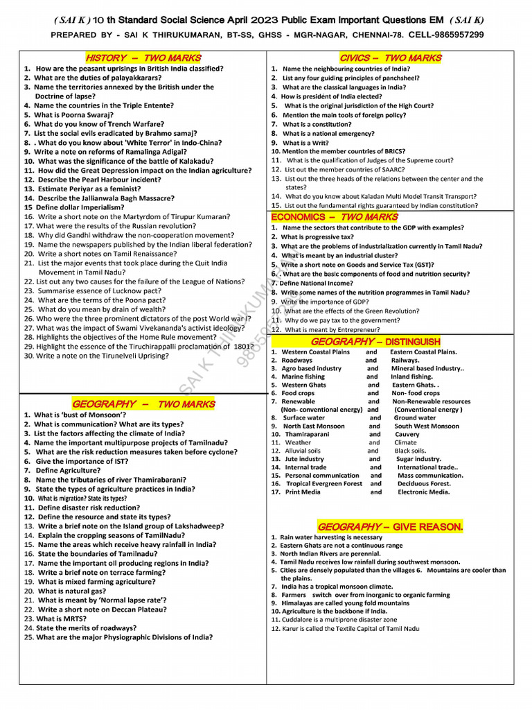 Sai K 10 Ss em Public 2023 Imp Ques - PDF 1 | PDF