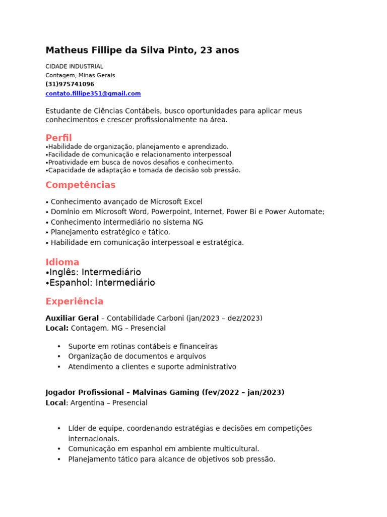 Currículo Matheus Fillipe Da Silva Pinto | PDF