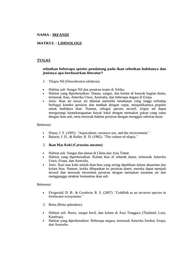 Irfandi Jenis Spesies Limnologi | PDF