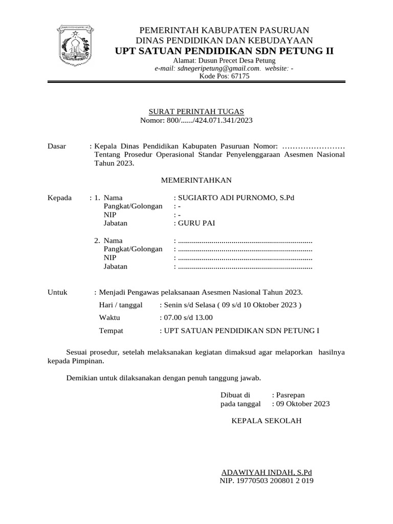 Contoh Surat Tugas Pengawas ANBK DIKDAS | PDF