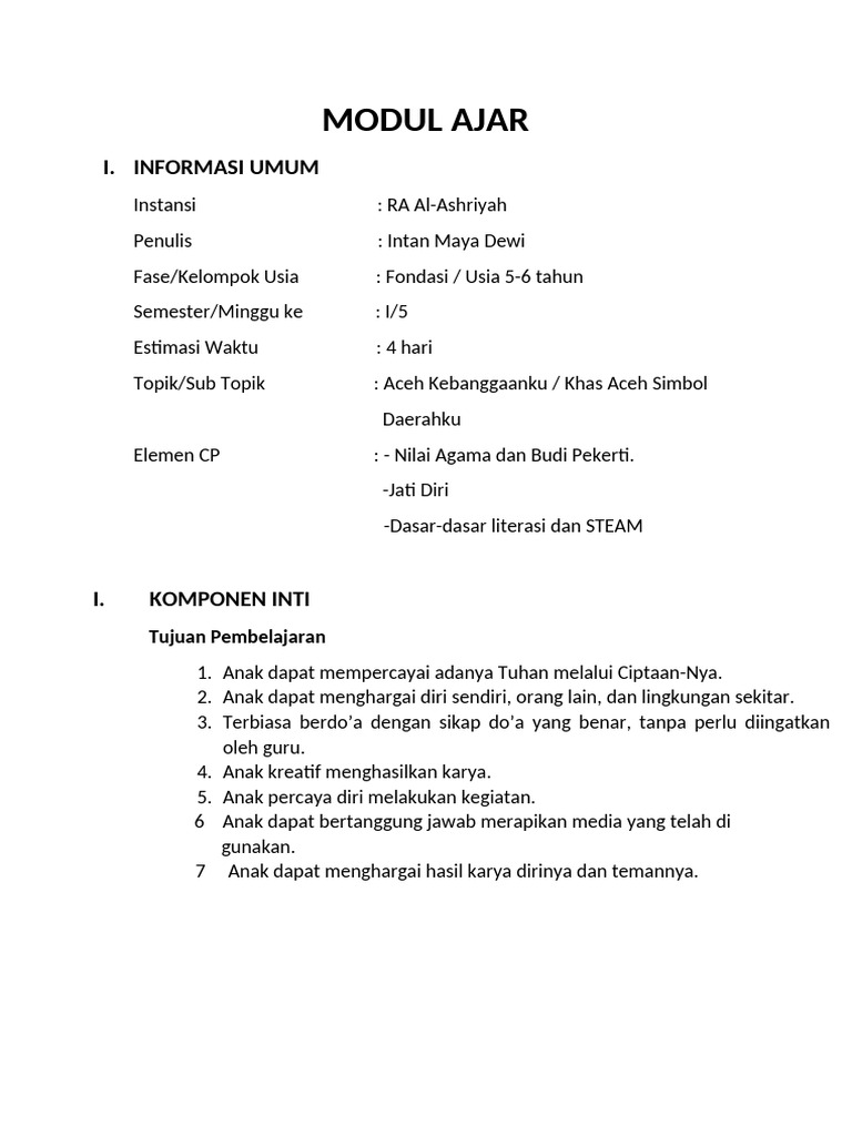Modul Ajar Khas Aceh untuk Usia Dini | PDF
