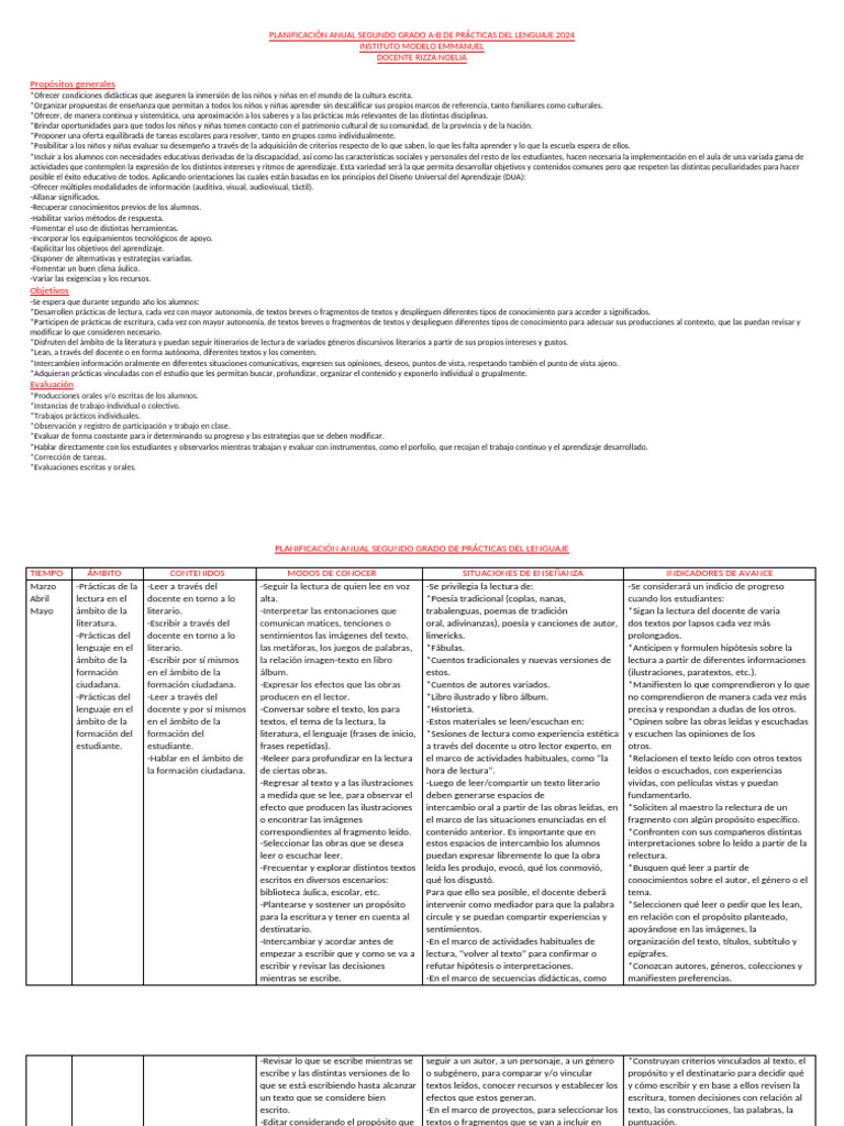 Planif. Anual 2° 2024 | PDF | Aprendizaje | Escritura