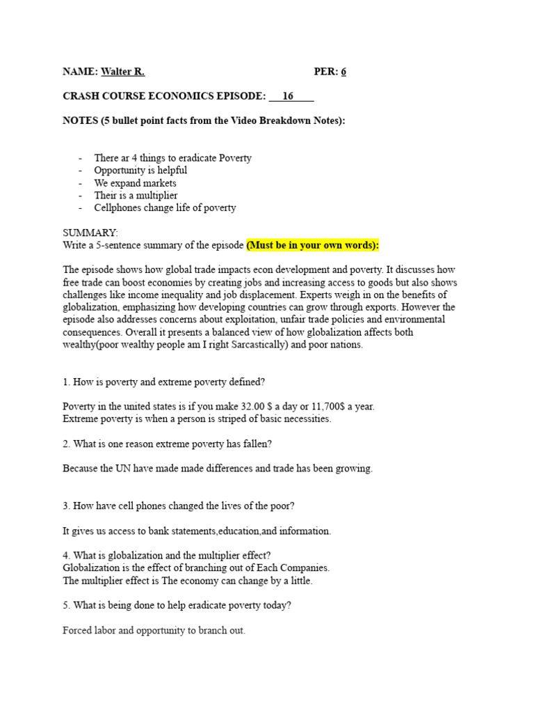 Econ Unit 1 CC #16 Globalization Trade and Poverty Assignment | PDF
