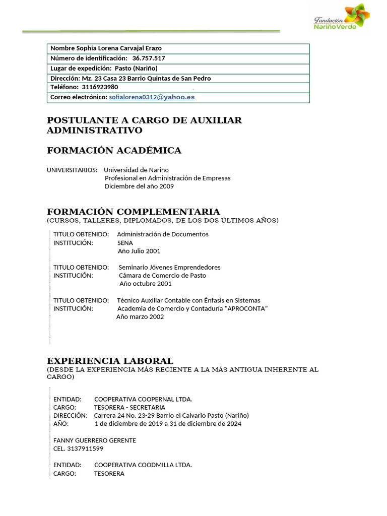 FORMATO-HOJA-DE-VIDA-NARIÑO-VERDE - Sofia Carvajal7022025 | PDF