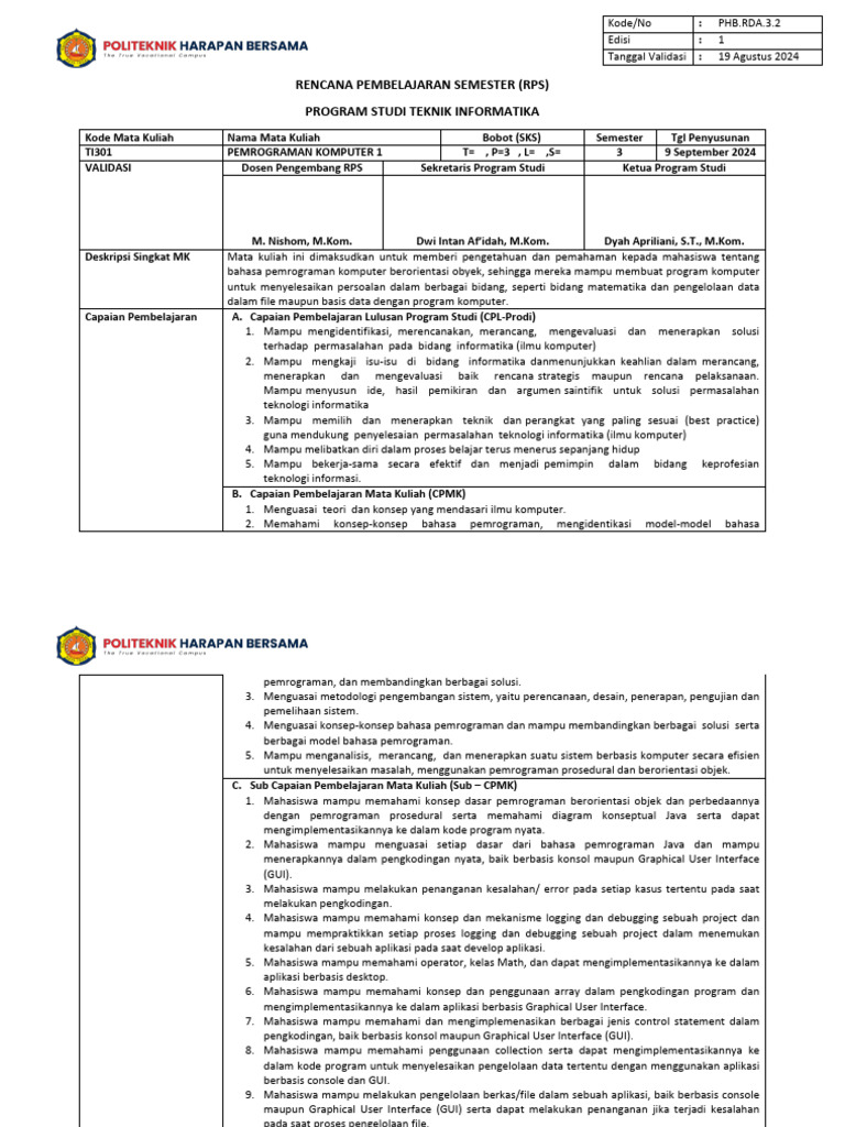 Contoh RPS - Nishom | PDF