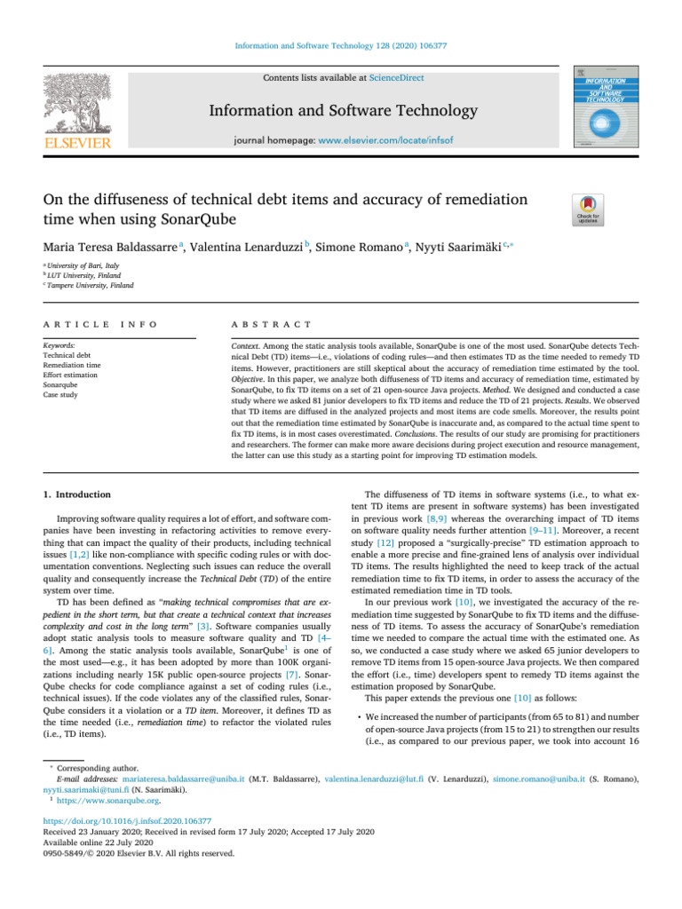On The Diffuseness of Technical Debt Items and Accuracy of Remediation Time When Using SonarQube ...