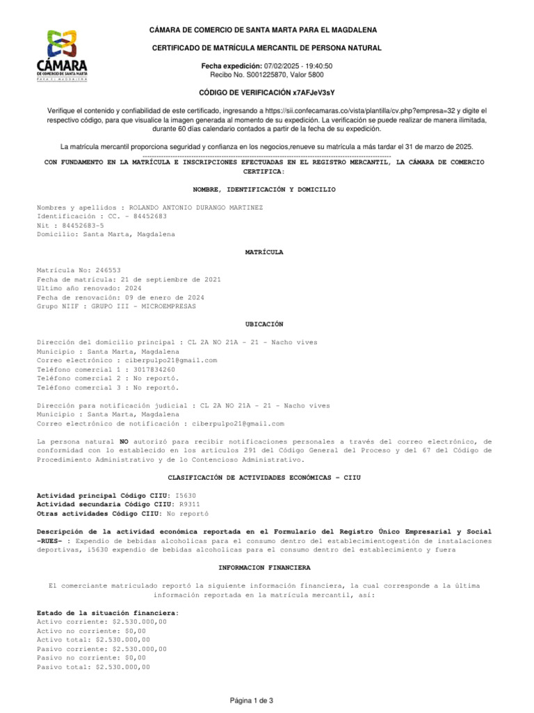Cámara de Comercio de Santa Marta para El Magdalena Certificado de Matrícula Mercantil de ...