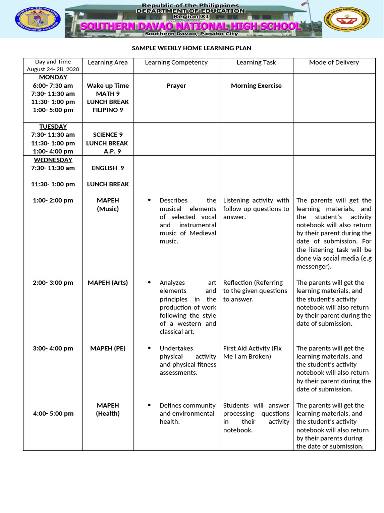 Weekly Home Learning Plan for Students | PDF