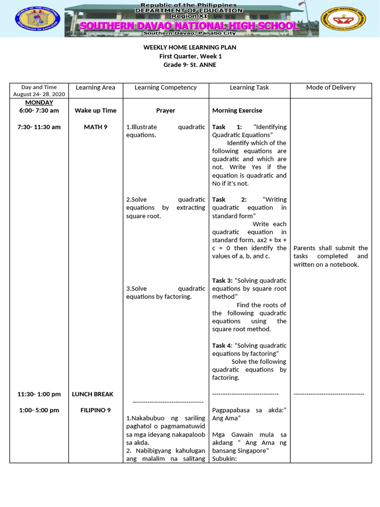 Pasagui Weekly Home Learning Plan 2 | PDF