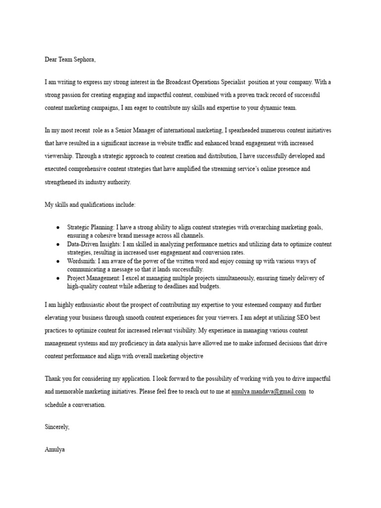 Sephora Broadcast Operations Cover Letter | PDF