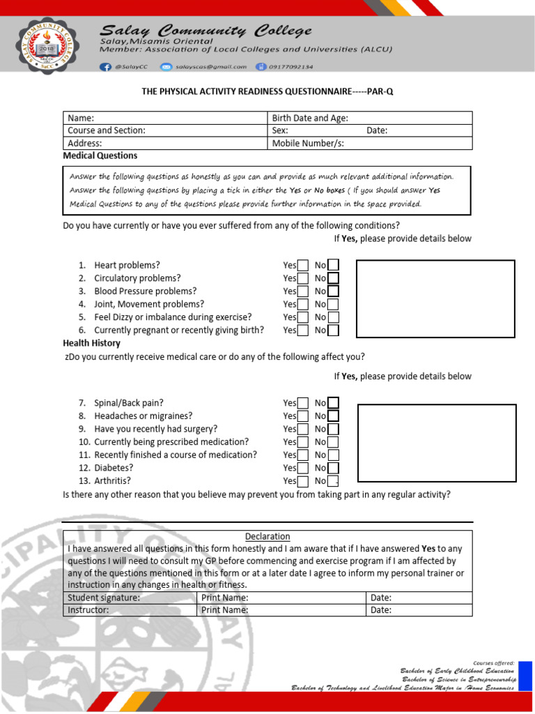 PAR-Q: Physical Activity Readiness Form | PDF | Medicine | Clinical ...